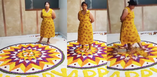 ബം ഗളൂരു അപ്പാർട്ട്മെന്റിൽ ഓണപ്പൂക്കളം ചവിട്ടി നശിപ്പിച്ച വൈറ ...